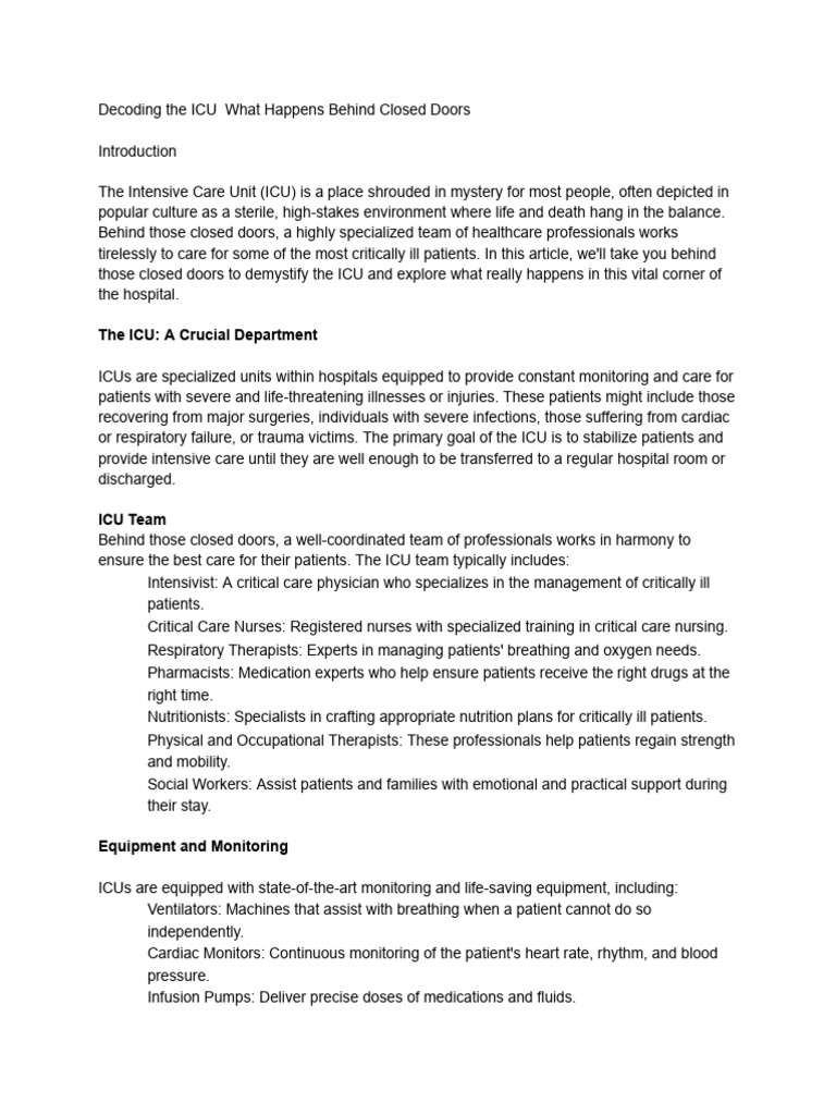 Decoding The ICU What Happens Behind Closed Doors | PDF | Intensive ...