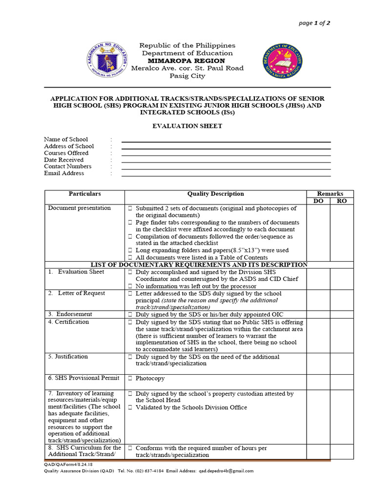 SHS Program Track Application Evaluation | PDF