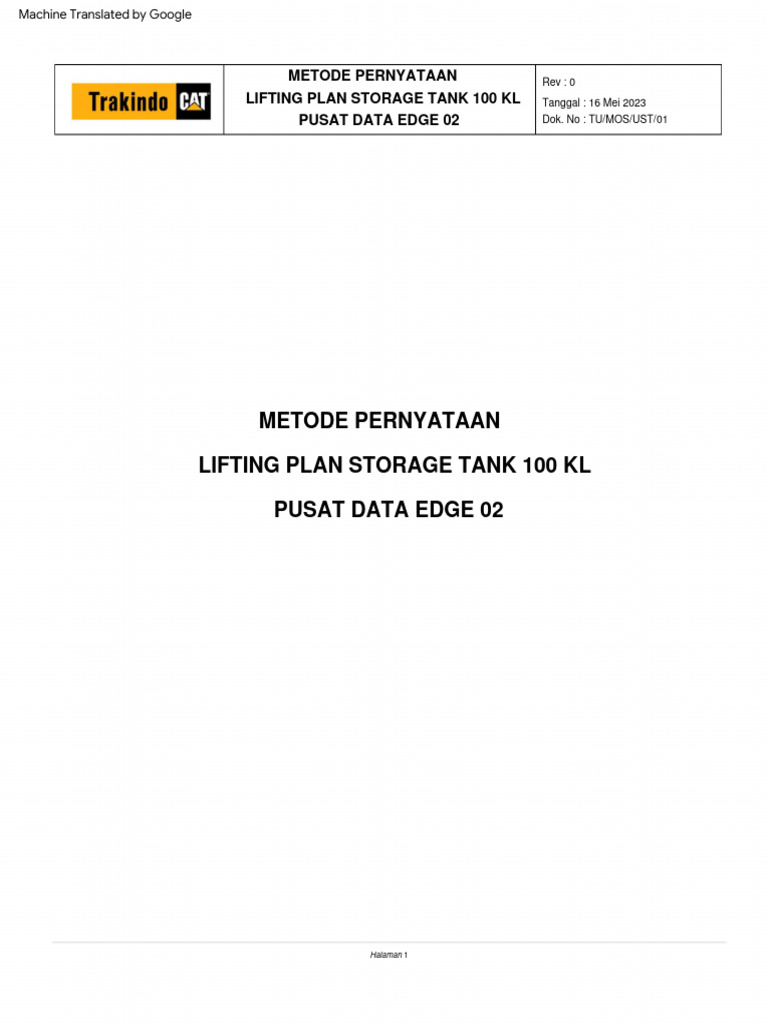 Mos Lifting Plan Underground Storage Tank 100 KL Edge 02 (Bahasa Indonesia) | PDF