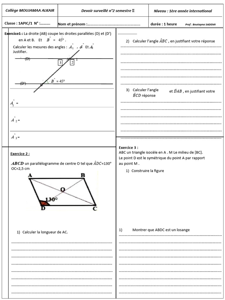 Devoir N2 Maths 1AC Semestre 2 8 | PDF