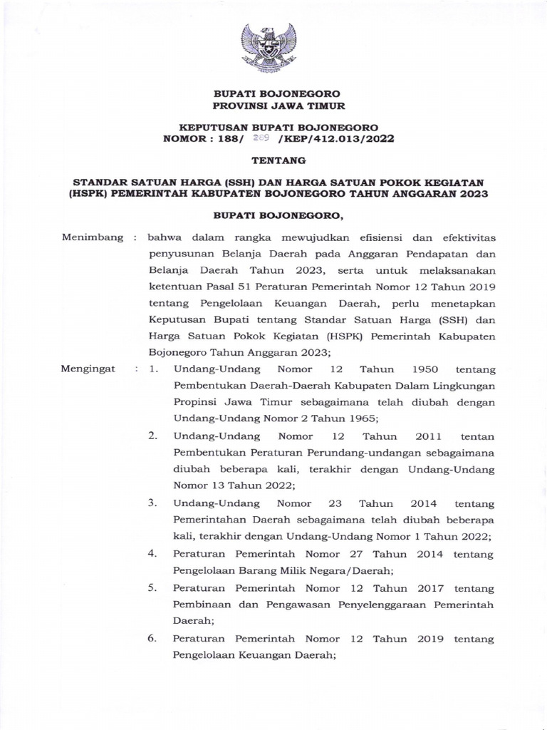 Keputusan Bupati 289 - SSH HSPK 2023 SK Stempel | PDF