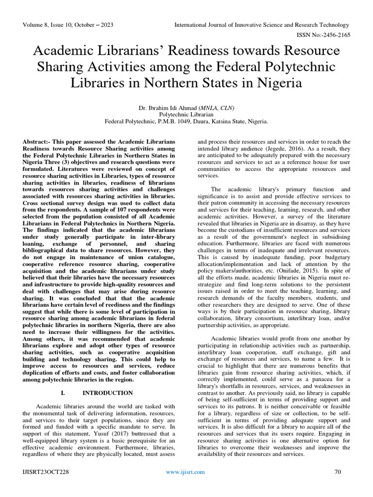 Academic Librarians' Readiness Towards Resource Sharing Activities Among The Federal Polytechnic ...