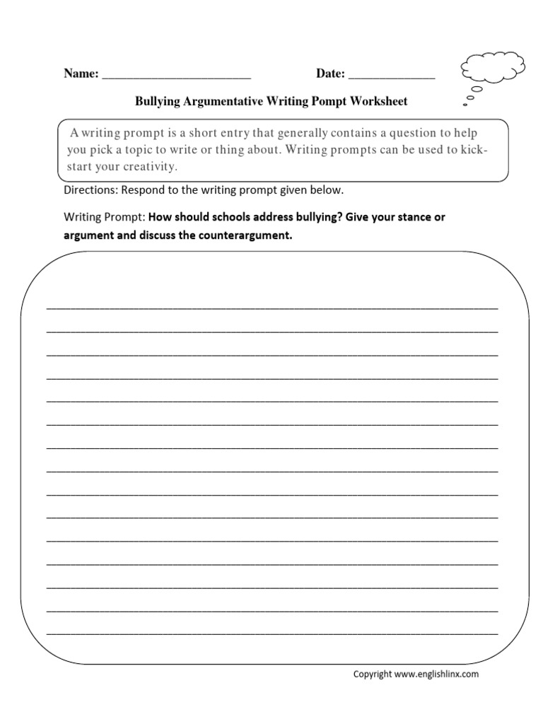 Bullying Argumentative Writing Prompts Worksheets | PDF