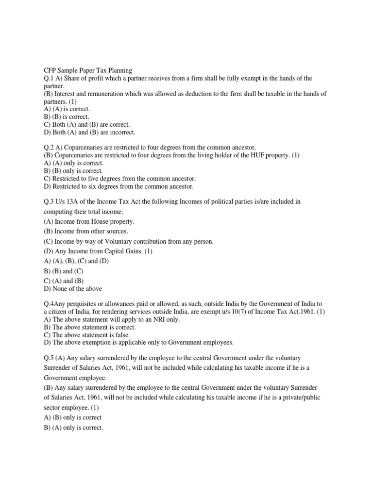 CFP Sample Paper Tax Planning | PDF | Income Tax In India | Lease