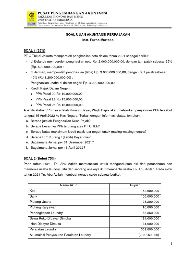SOAL UJIAN AKUNTANSI PERPAJAKAN - Purno Murtopo | PDF