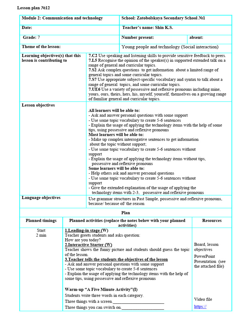 Lesson Plan - Young People and Technology - (Grade 7) | PDF