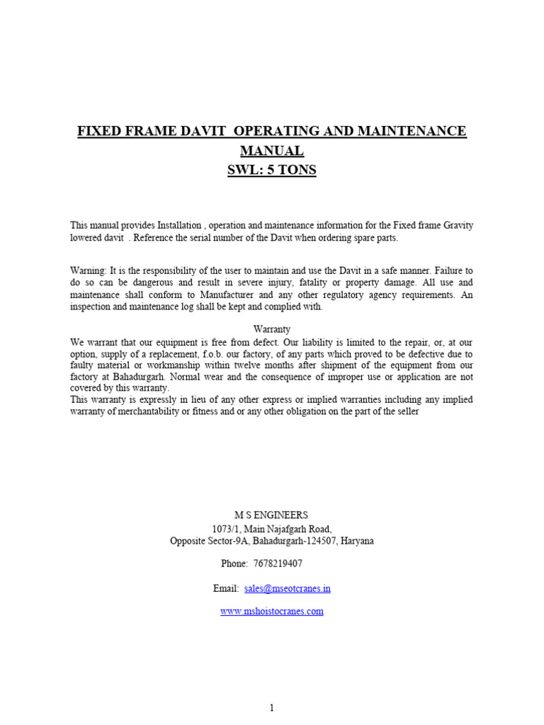Davit Manual Pdf Manufactured Goods Equipment