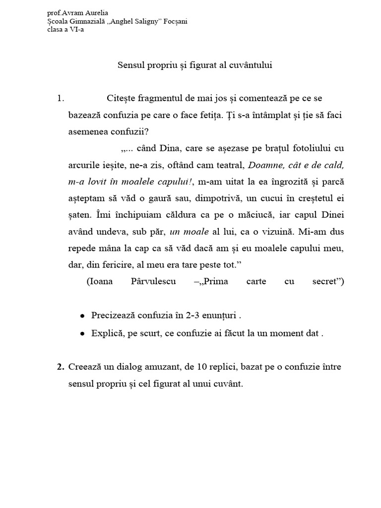 Sensul Propriu Si Figurat Al Cuvantului Clasa A Via 1 | PDF