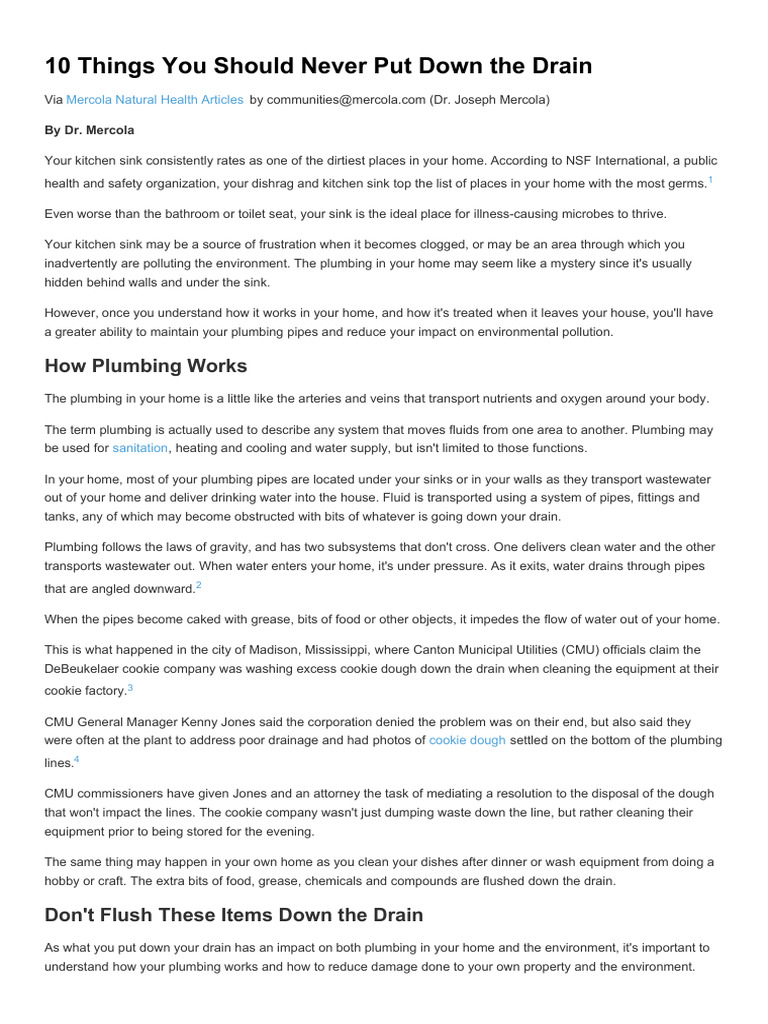 10 Things You Should Never Put Down The Drain | PDF | Plumbing | Sewage ...