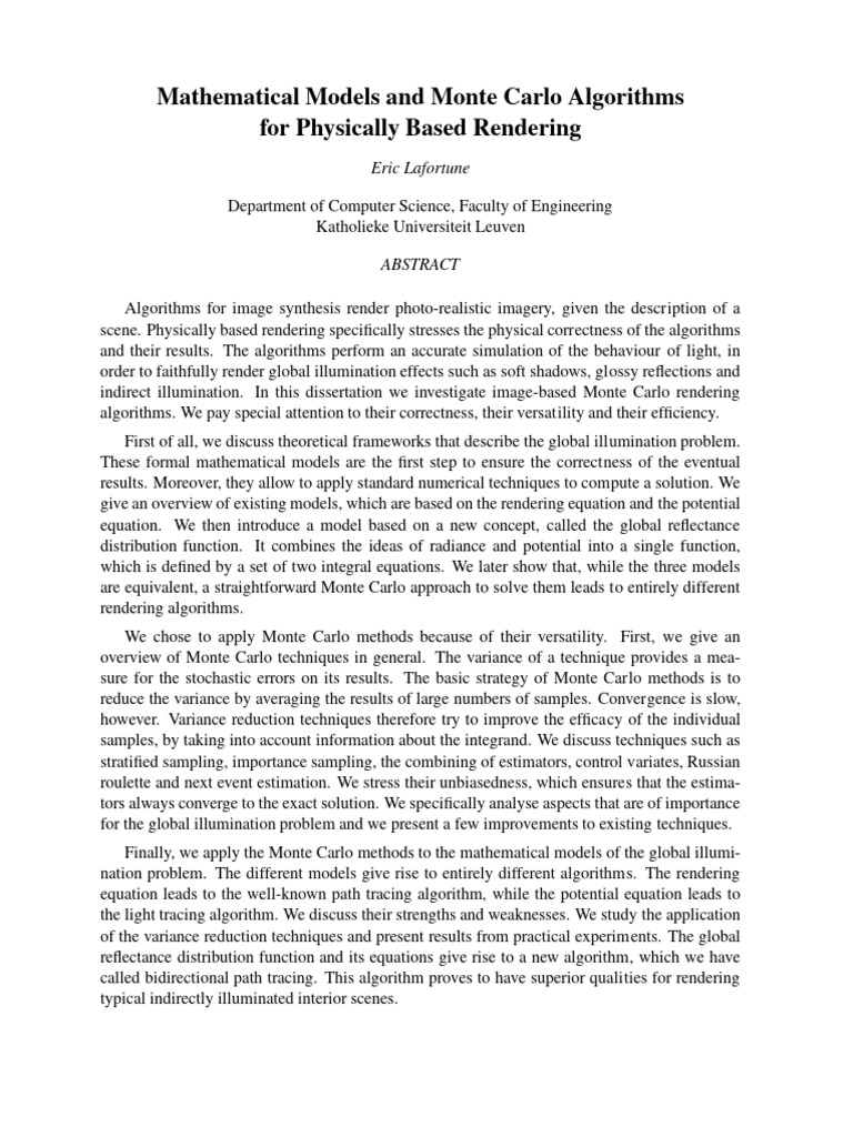 Mathematical Modelsand Monte Carlo Algorithmsfor Physically Based Rendering | PDF