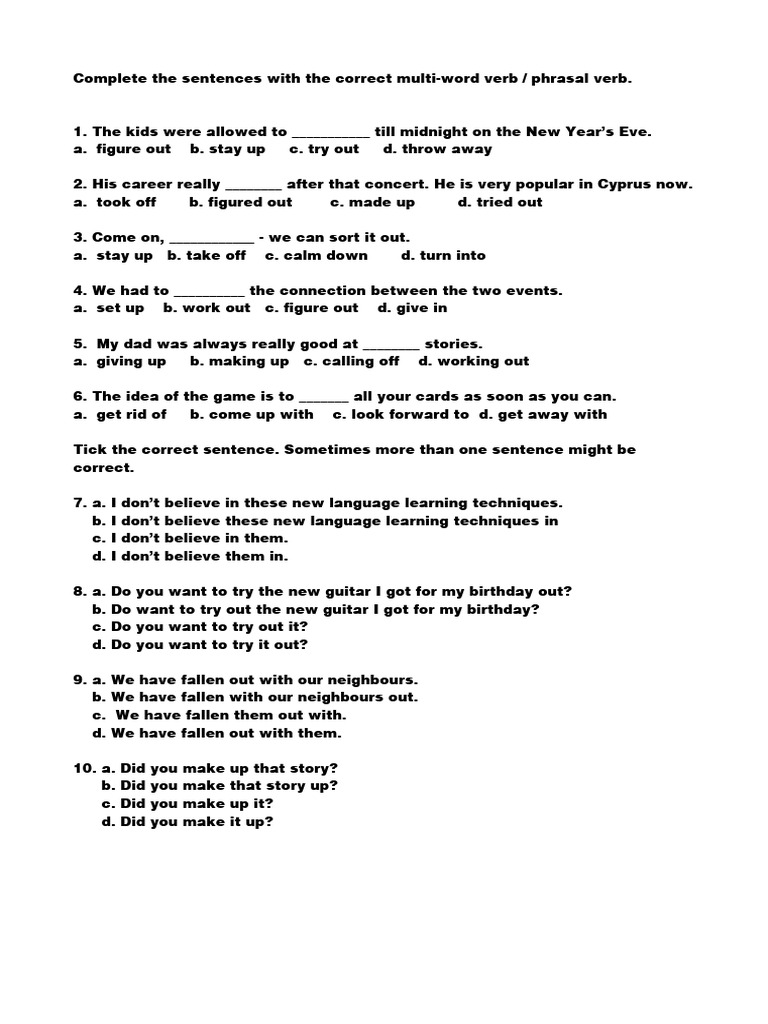 Multi-Word Verb - Multple Choice Questions and Answers | PDF | Language ...