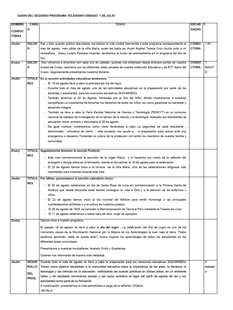 Guion - Programa - Agosto 2023 | PDF | María, madre de Jesús | Simulación