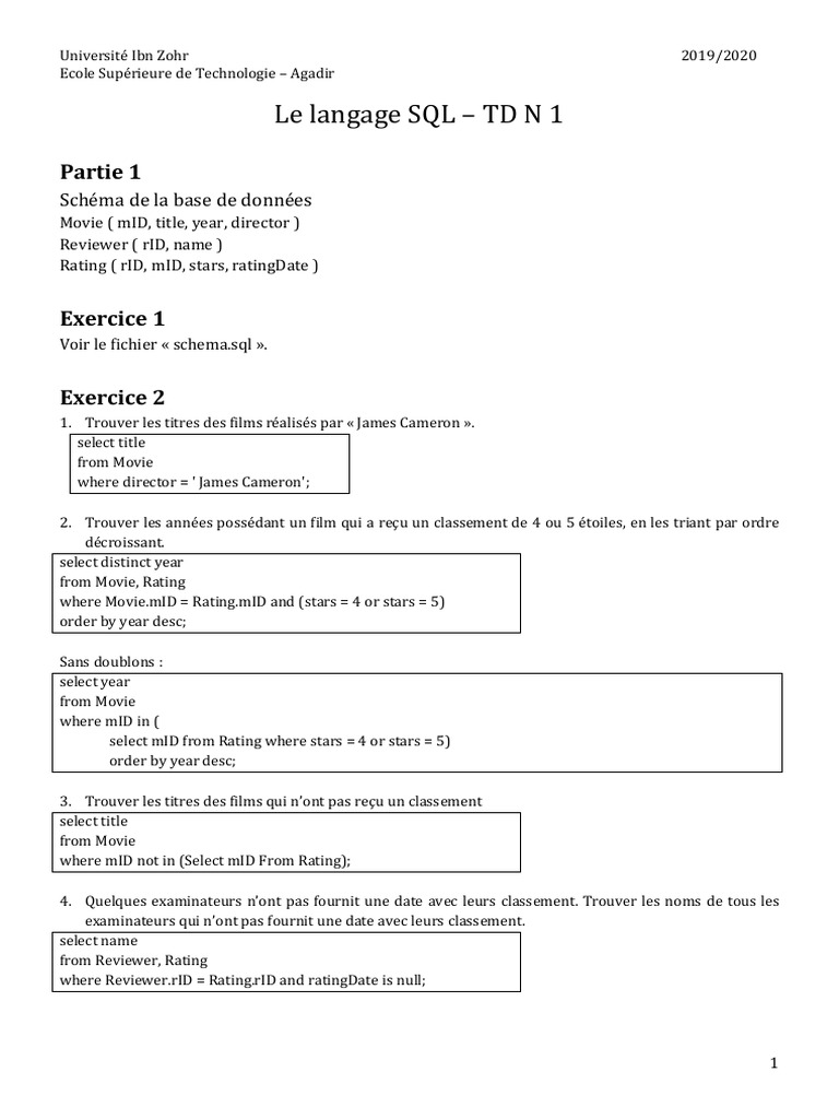 Exercices Corrigés SQL 2019/2020 | PDF | SQL | Logiciel