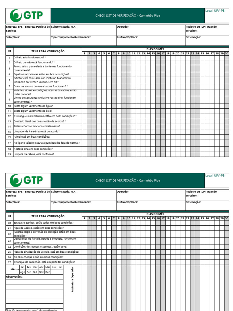Checklist - Caminhão Pipa | PDF | Transporte | Veículos