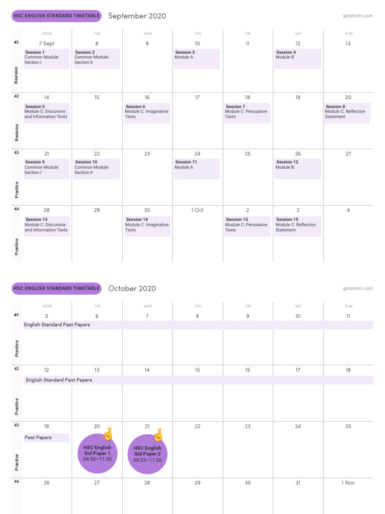 Atomi HSC English STD Study Timetable 2020 | PDF