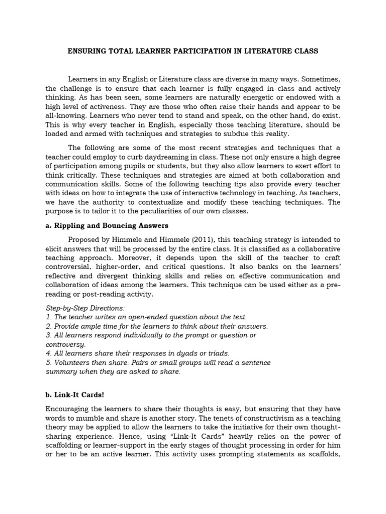 Ensuring Total Learner Participation in Literature Class | PDF ...