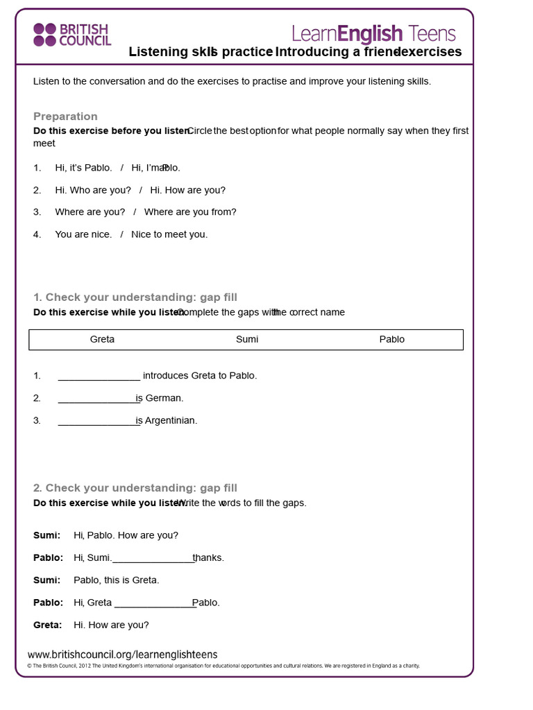 Exercises - : Introducing A Friend Ls Practice Listening Skil | PDF