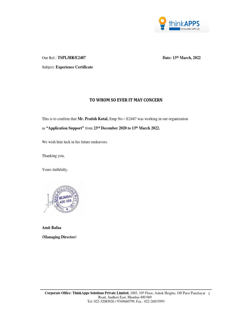 Experience Certificate for Pratish Kumar Das | PDF