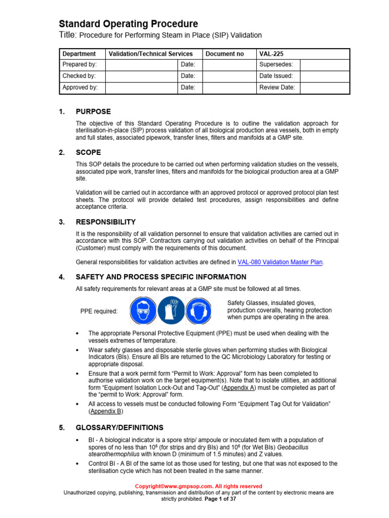 VAL 225 Procedure For Performing Steam in Place SIP Validation Sample ...