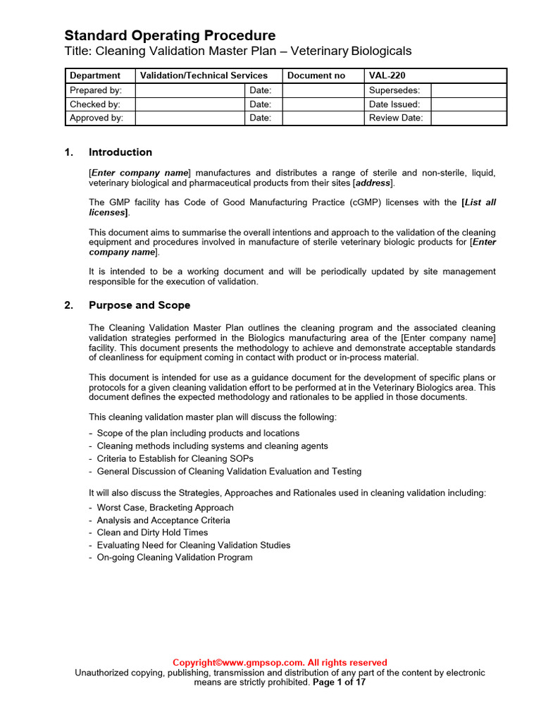 VAL 220 Cleaning Validation Master Plan Veterinary Biologicals | PDF