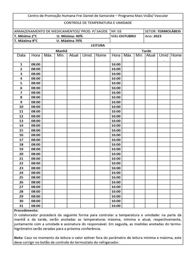TERMOLÁBEIS - Planilha de Temperatura e Umidade | PDF