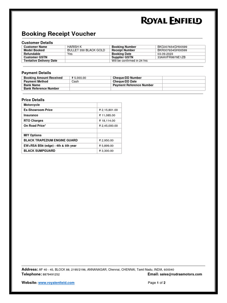 Booking Receipt Voucher for Motorcycle | PDF
