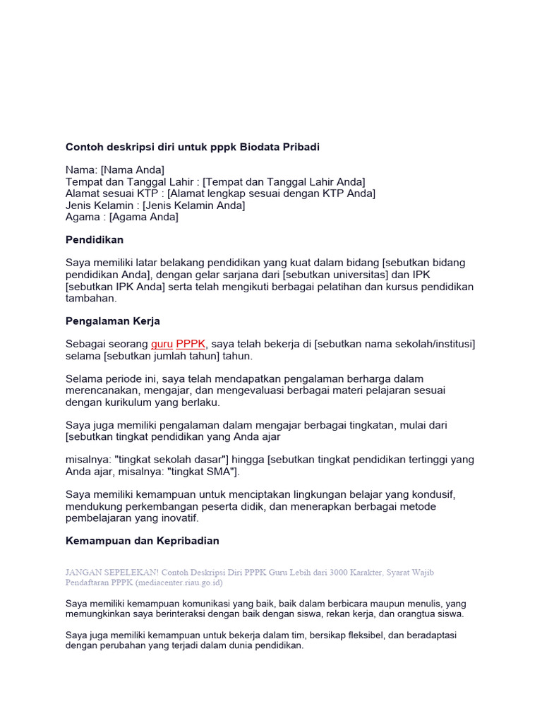 Contoh Deskripsi Diri Untuk PPPK Biodata Pribadi | PDF