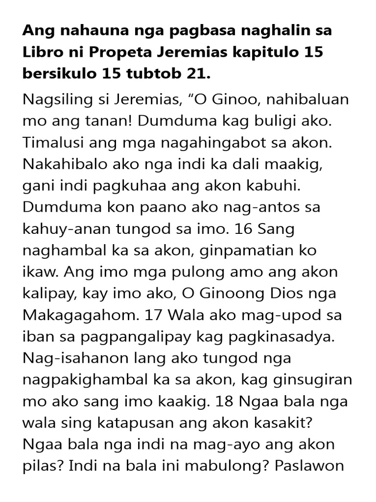 Ang Nahauna Nga Pagbasa Naghalin Sa Libro Ni Propeta Jeremias Kapitulo 15 Bersikulo 15 Tubtob 21 ...