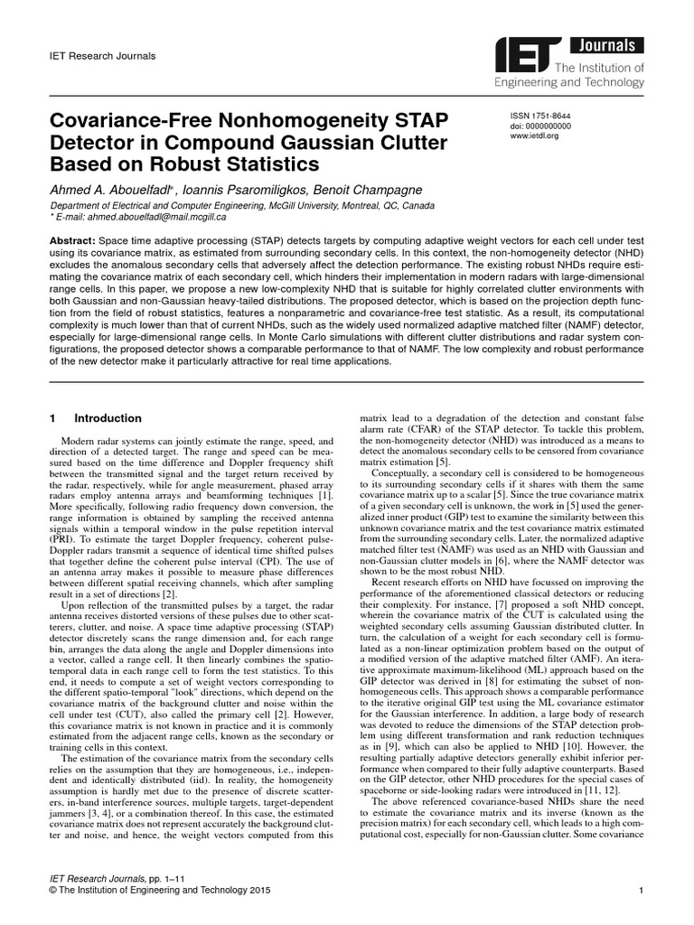 Covariance Free Nonhomogeneity Stap Detector In Compound Gaussian Clutter Based On Robust