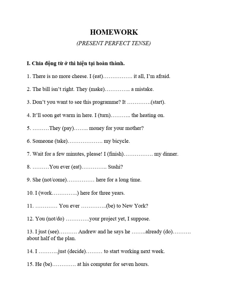 HOMEWORK PRESENT PERFECT TENSE - PRESENT PERFECT CONTINUOUS TENSE | PDF