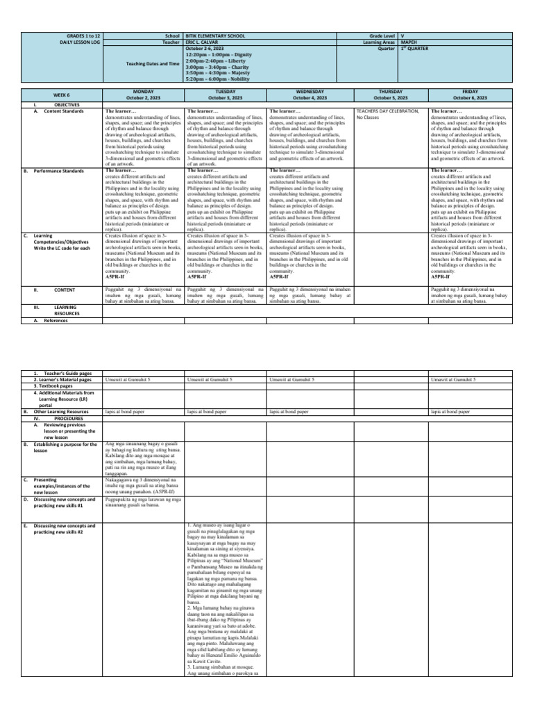 Mapeh 5 q1 Week 6 DLL | PDF