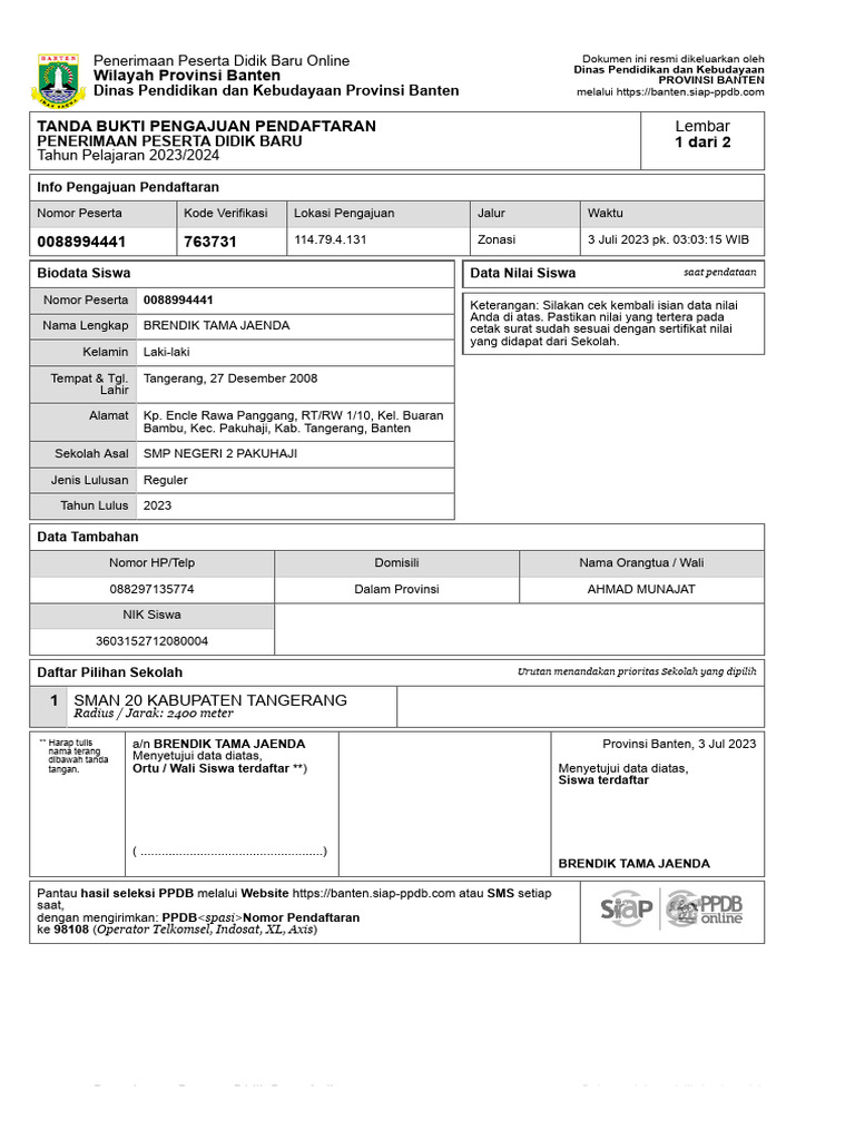 Surat Pendaftaran Zonasi | PDF