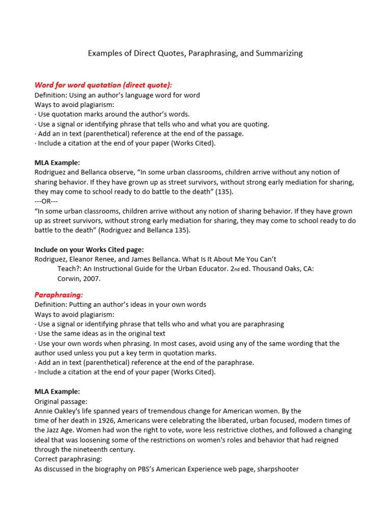 Examples of direct quotes PDF
