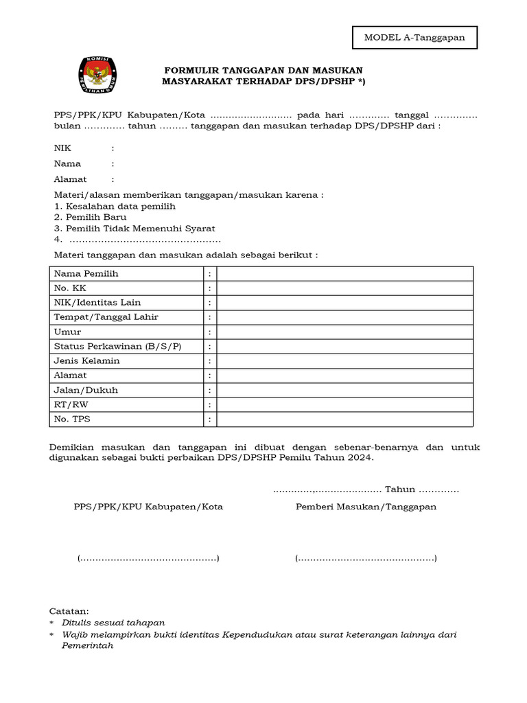 Formulir Model A-Tanggapan Dan Masukan | PDF