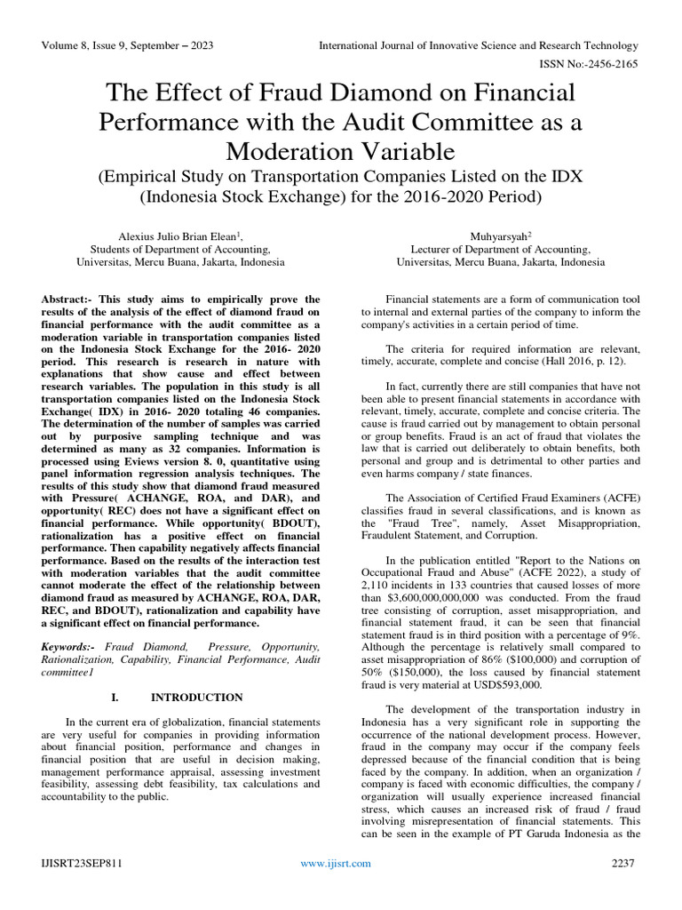 The Effect of Diamond Fraud On Financial Performance With The Audit Committee As A Moderation ...