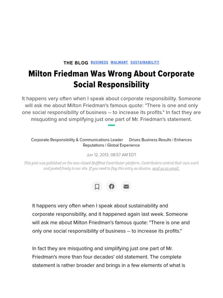 Milton Friedman Was Wrong About Corporate Social Responsibility ... Milton Friedman Was Wrong About Corporate Social Responsibility ...