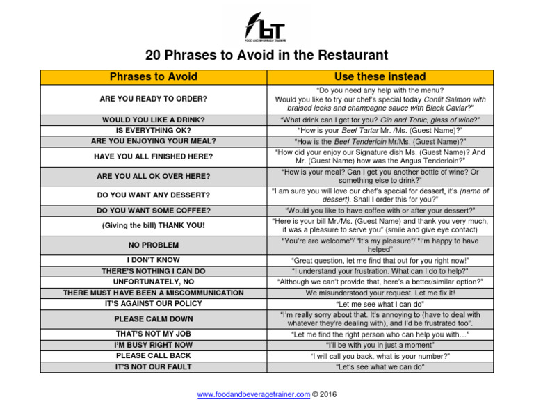 20 Phrases To Avoid in The Restaurant | PDF
