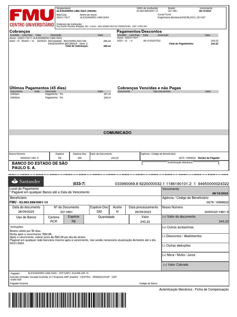 Boleto Faculdade Alexsandro | PDF