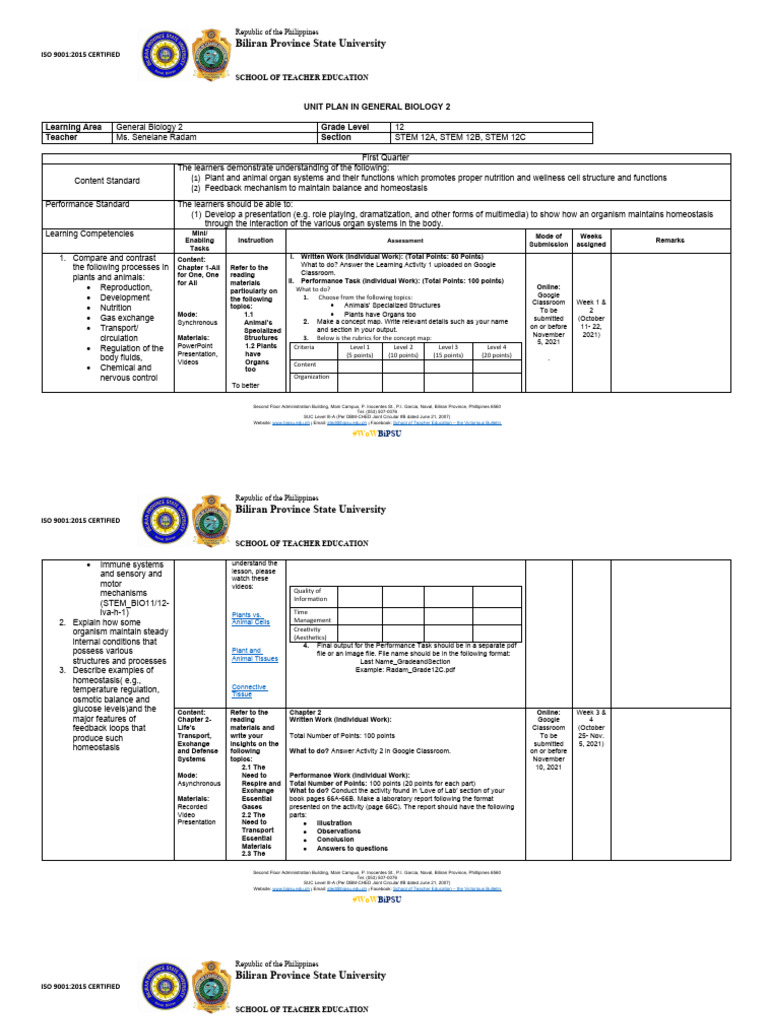 Grade 12 Unit-Plan (General Biology 2) | PDF