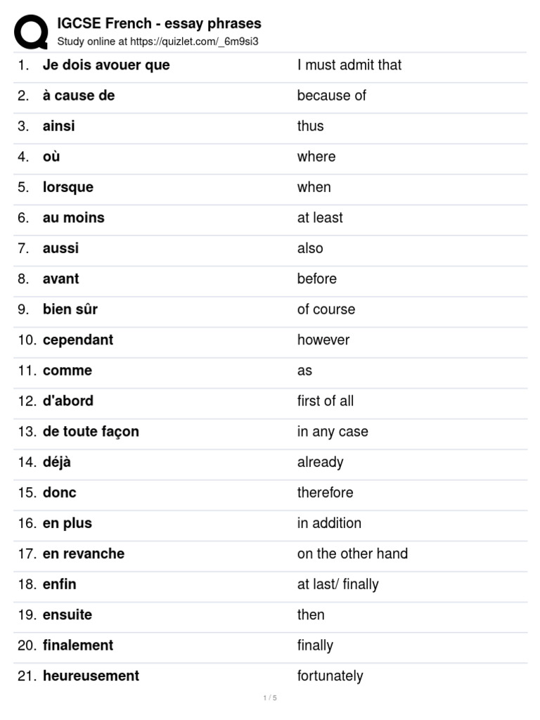 French IGCSE - Essay Phrases - For Structured Essay Writing | PDF
