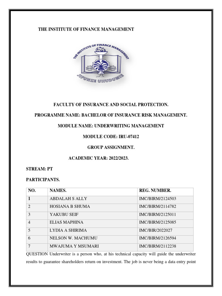 Underwriting Assgment Group 2 | PDF | Insurance | Underwriting