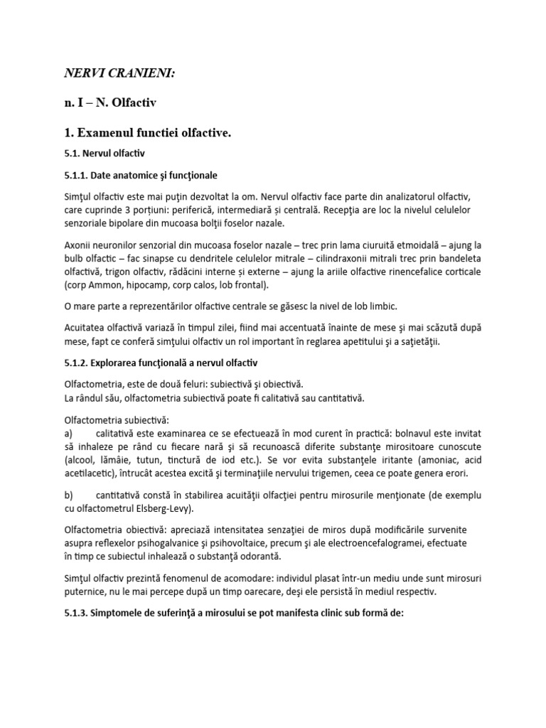 N. I - N. Olfactiv 1. Examenul Functiei Olfactive.: Nervi Cranieni | PDF