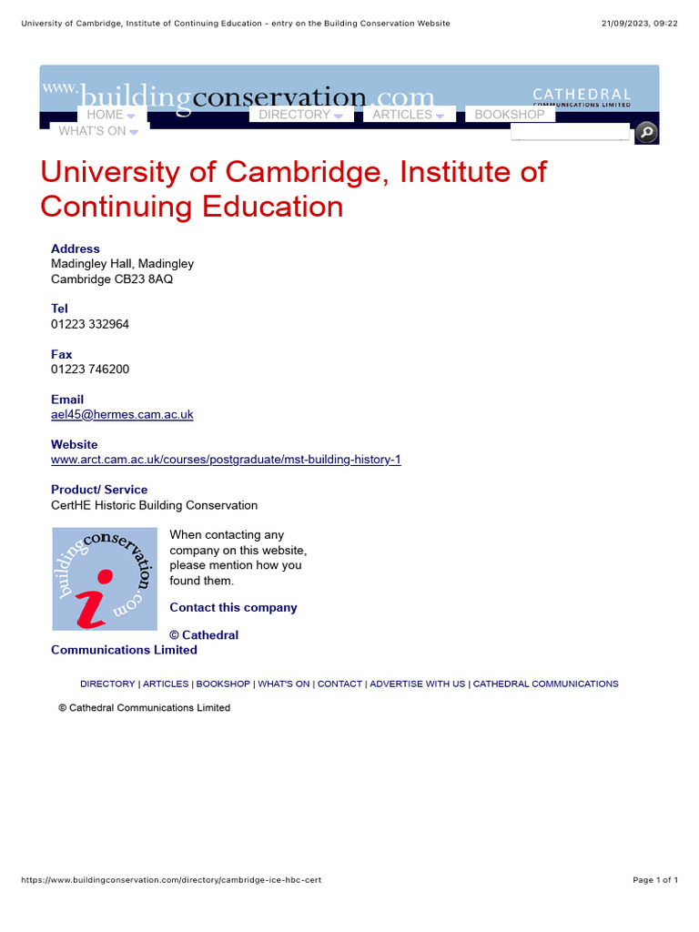 University of Cambridge, Institute of Continuing Education - Entry On The Building Conservation ...