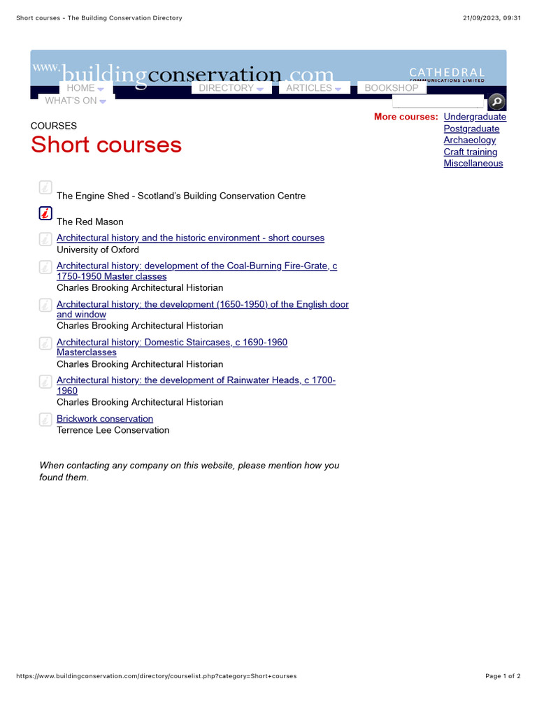 Short Courses - The Building Conservation Directory | PDF