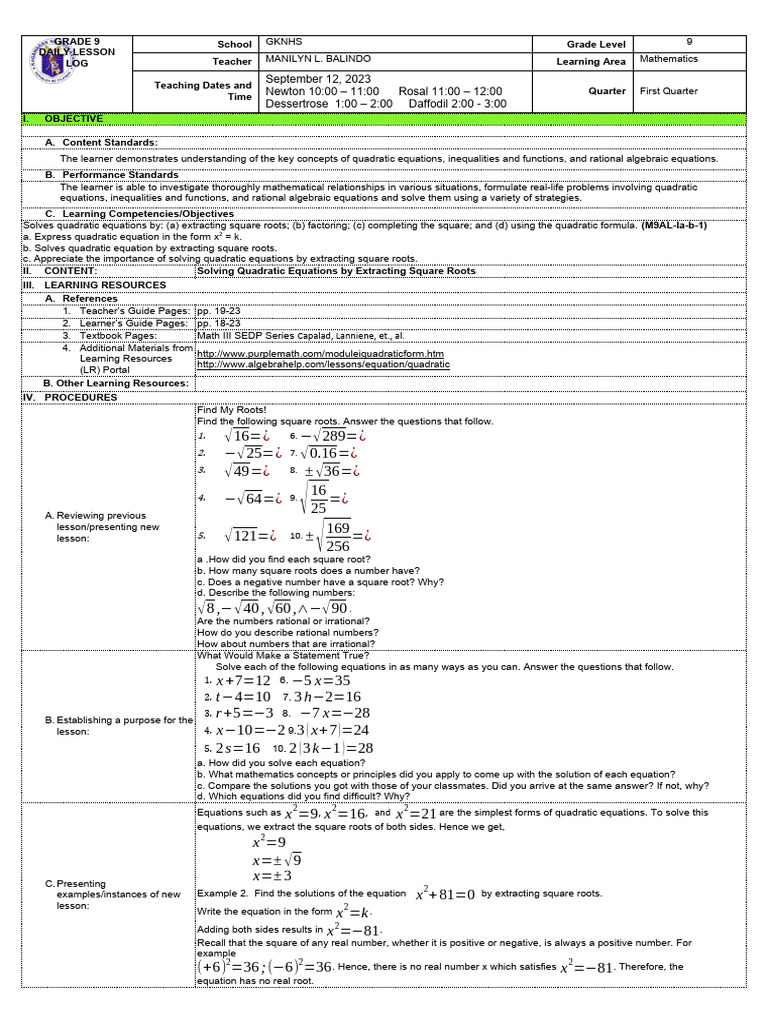 DLL in M9 - (M9AL-Ia-b-1) - D1 Solving Quadratic Equations by ...