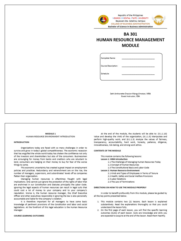 Ba 301 Human Resource Management Module Lesson 1 2 For Students | PDF ...
