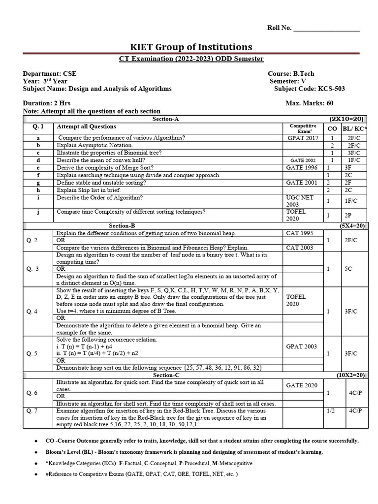 Design and Analysis of Algorithms Exam | PDF | Computer Data | Algorithms