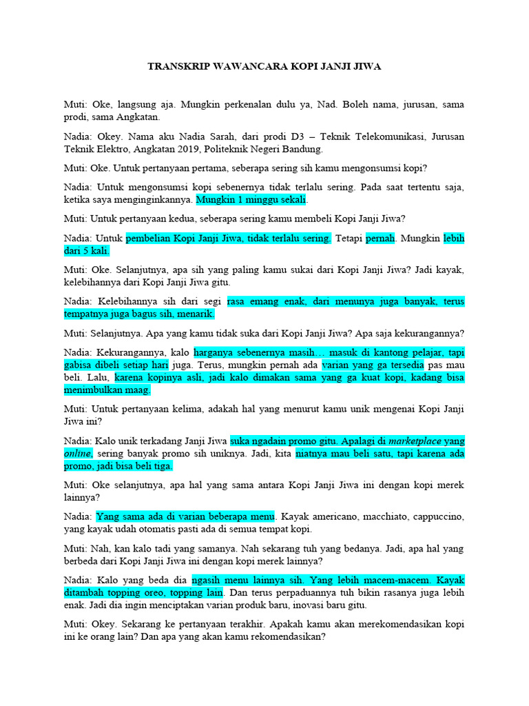 TRANSKRIP WAWANCARA KOPI JANJI JIWA - Nadia | PDF