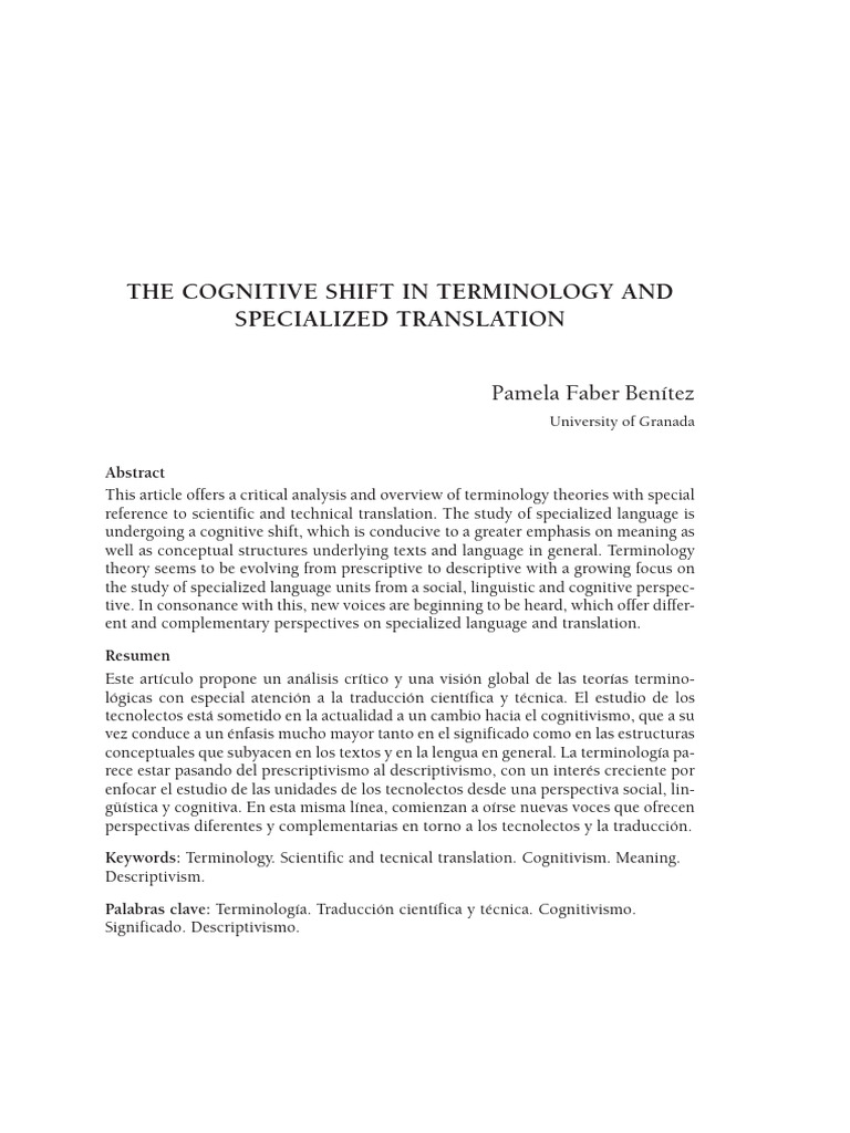The Cognitive Shift in Terminology and Specialised Translation | PDF
