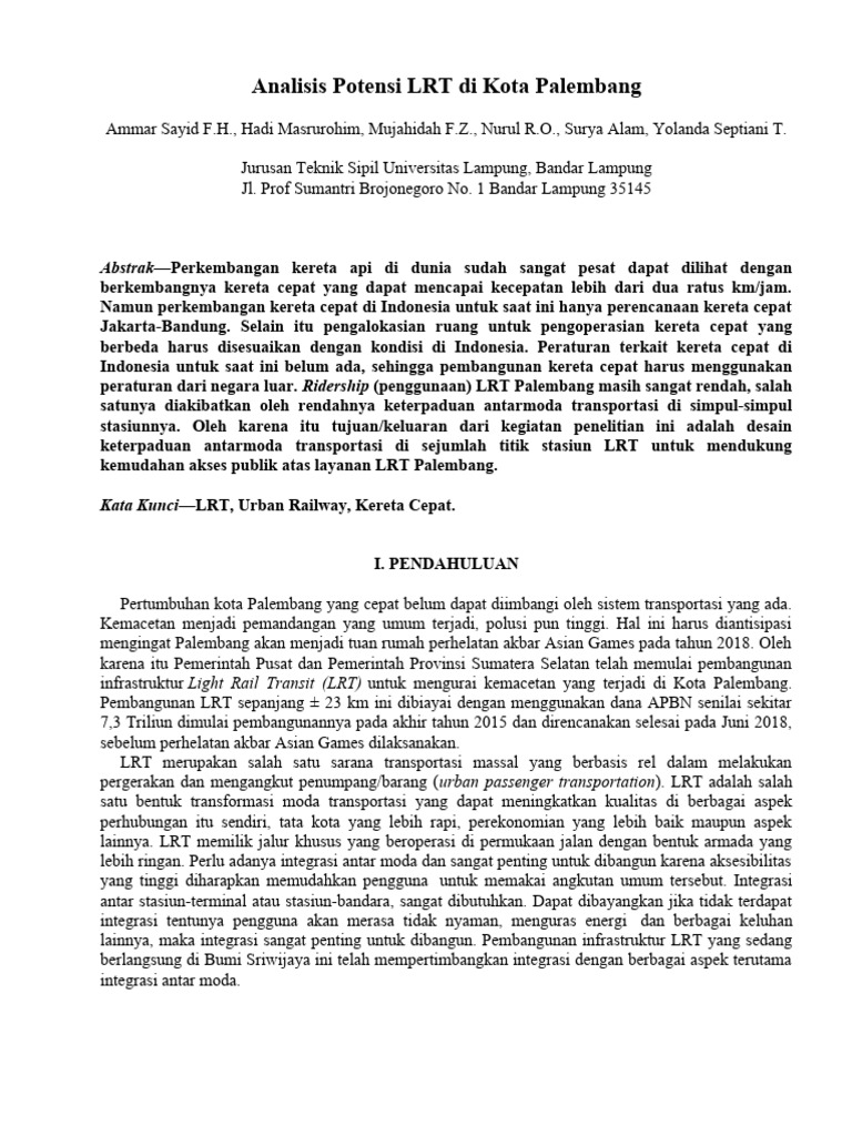 Analisis Potensi LRT Di Kota Palembang | PDF